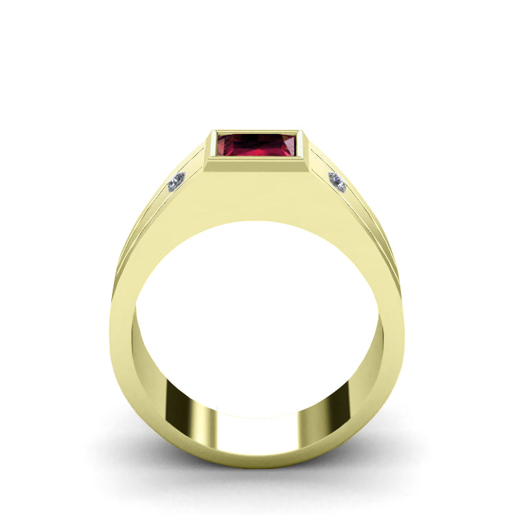Mens Gold Plated Ruby Ring Trendy Solitaire Band with Natural Diamonds ...