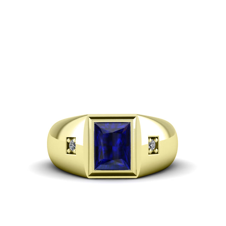 Men's Sapphire Ring with 0.06ct Diamonds in Gold-Plated Solid Silver ...