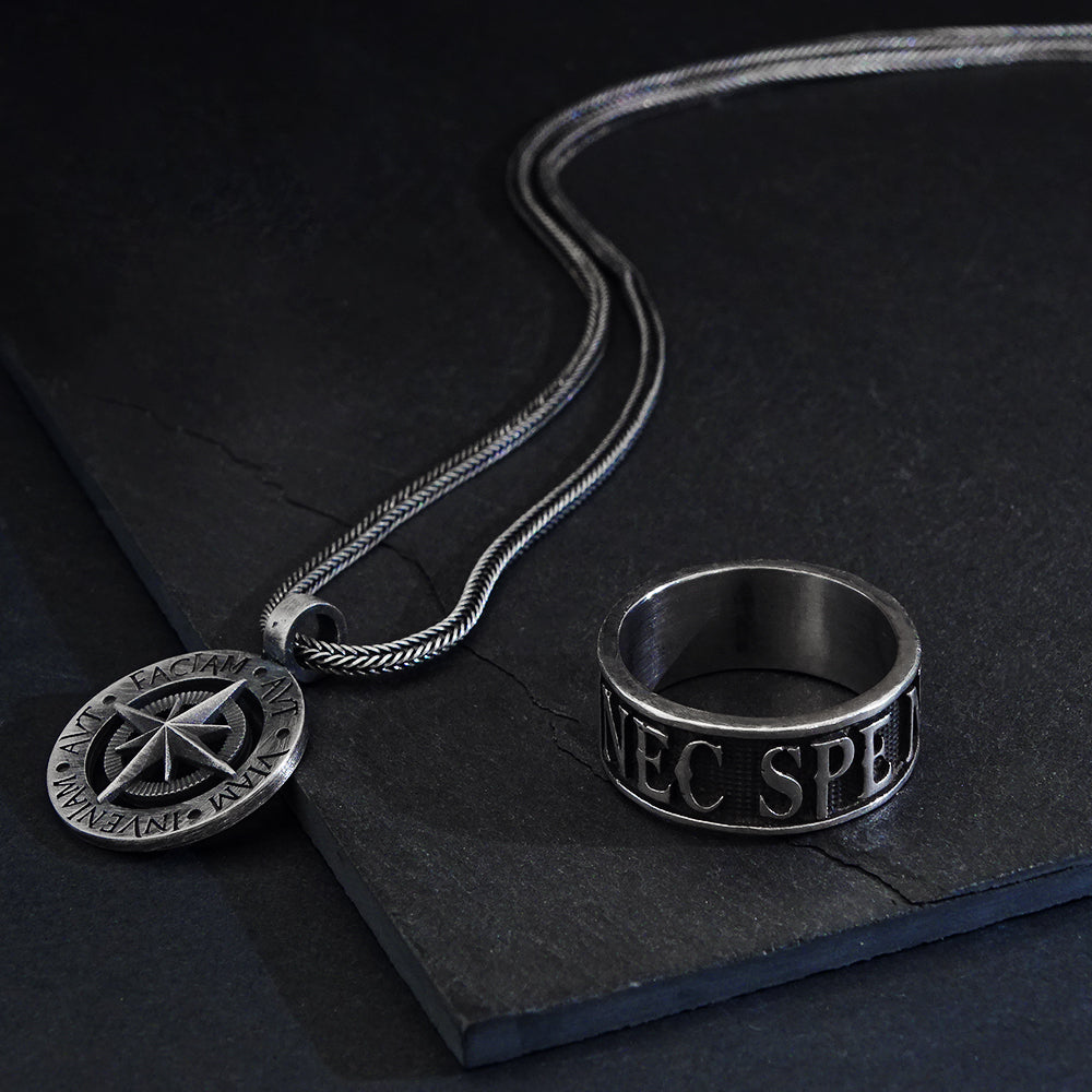 Men's Silver Band Ring NEC SPE, NEC METU Latin Quote Jewelry | JFM – J F M