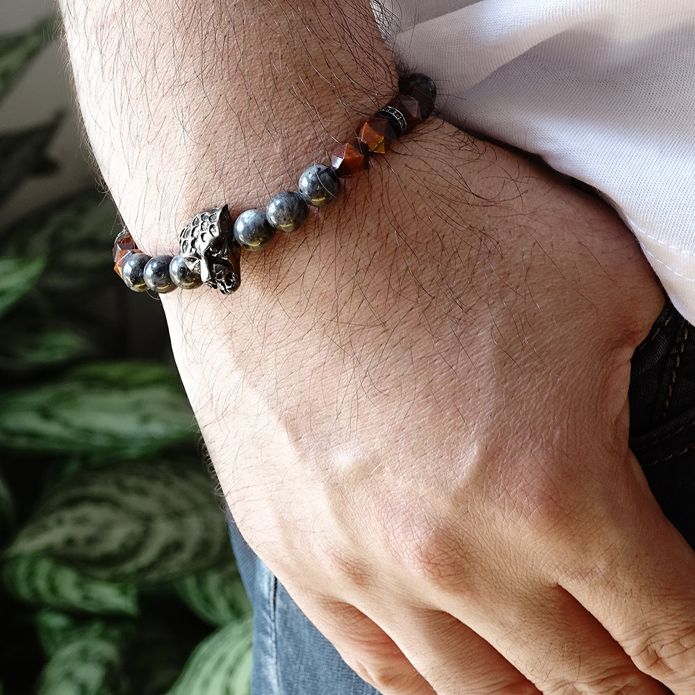 Natural Labradorite Men's Grey Bracelet with 925 Silver Jaguar Charm ...